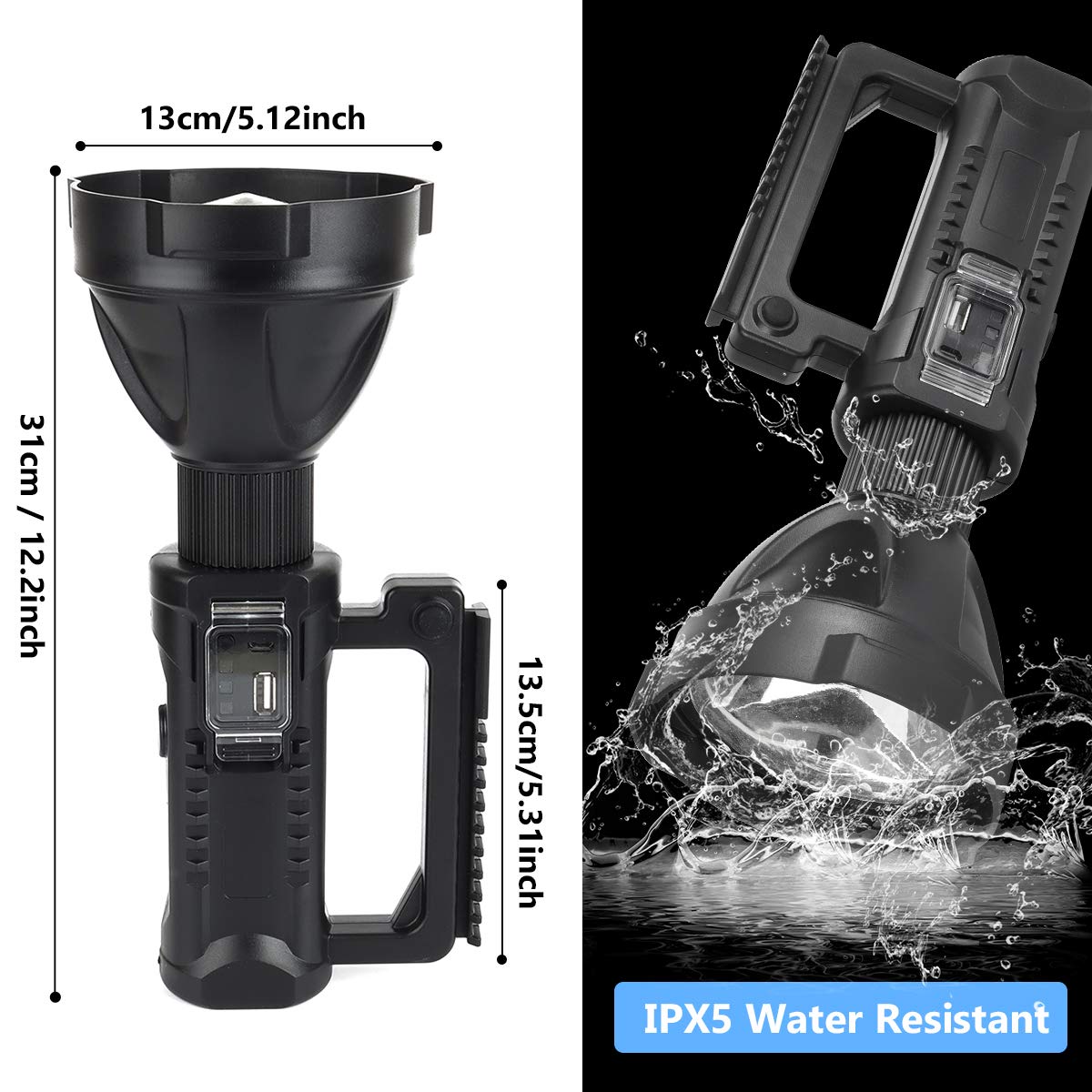 Foleto Rechargeable LED Spotlight Flashlights 120000 High Lumens, Super Bright Flashlight with 4 Modes IPX5 Waterproof, Large Searchlight for Fishing, Hiking and Camping with Tripod(Large)