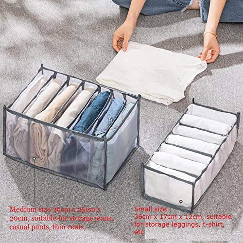 Set of 2 Pieces Wardrobe Clothes Organizer, Jeans Leggings Compartment Storage Box Closet, 7 Grids Folding Drawer For Clothing Mesh Separation , Transparent Divider For Stacking Pants Organizer (White)
