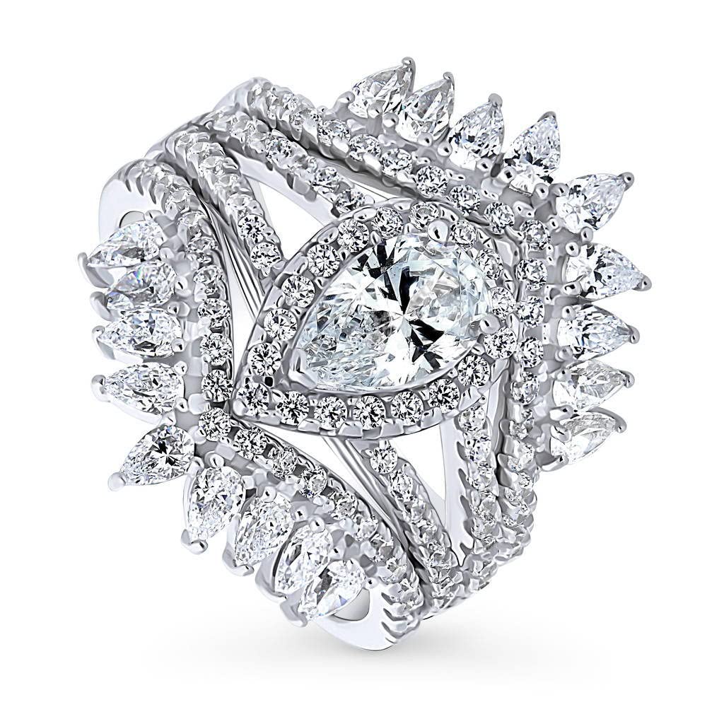 BERRICLE Sterling Silver Halo Wedding Engagement Rings Pear Cut Cubic Zirconia CZ Split Shank Ring Set for Women, Rhodium Plated Size 6