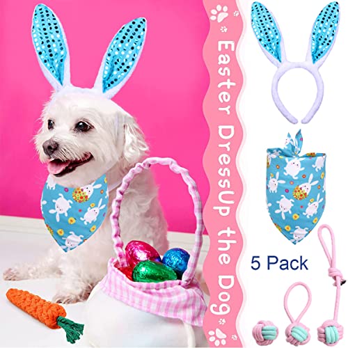 Dog Easter Bunny Costume, 5 Pieces Sequin Pet Rabbit Ears Headband Headwear, Rabbit Egg Bandana, Teething Chew Rope Ball Toy Set, Dog Easter Costumes for Small Medium Dogs Puppy Party Accessory (Blue)