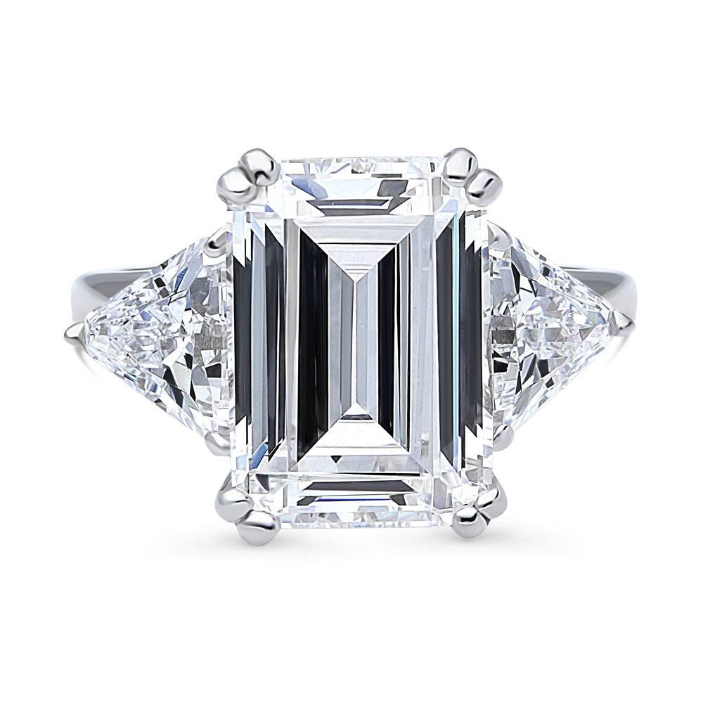 BERRICLE Sterling Silver 3-Stone Wedding Engagement Rings Emerald Cut Cubic Zirconia CZ Statement Cocktail Anniversary Ring for Women, Rhodium Plated Size 7