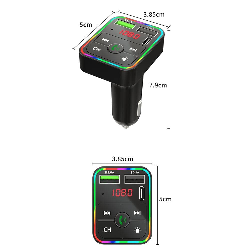 Bluetooth Car Adapter, Fm Transmitter Bluetooth, Wireless Modulator with Led Display Car Kit, Fast Car Charger & USB C Port, MP3 Player Radio Kit for Car Stereo, 12V Cigarette Lighter Adapter
