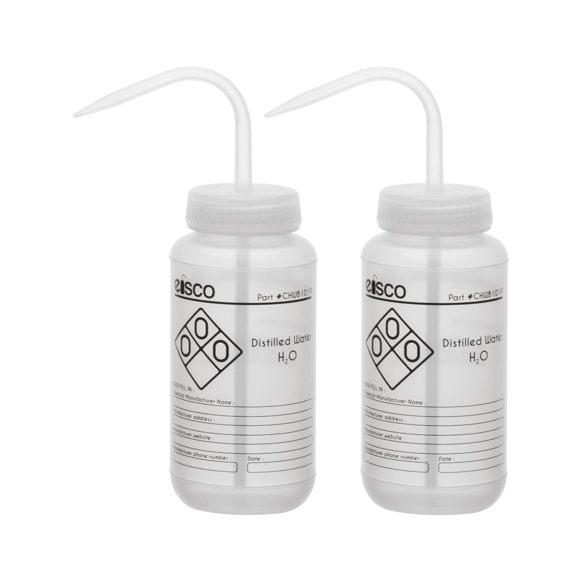 EISCO 2PK Wash Bottles for Distilled Water, 500ml - Labeled with Chemical Information & Safety Information (1 Color) - Wide Mouth, Self Venting, Low Density Polyethylene - Performance Plastics Labs
