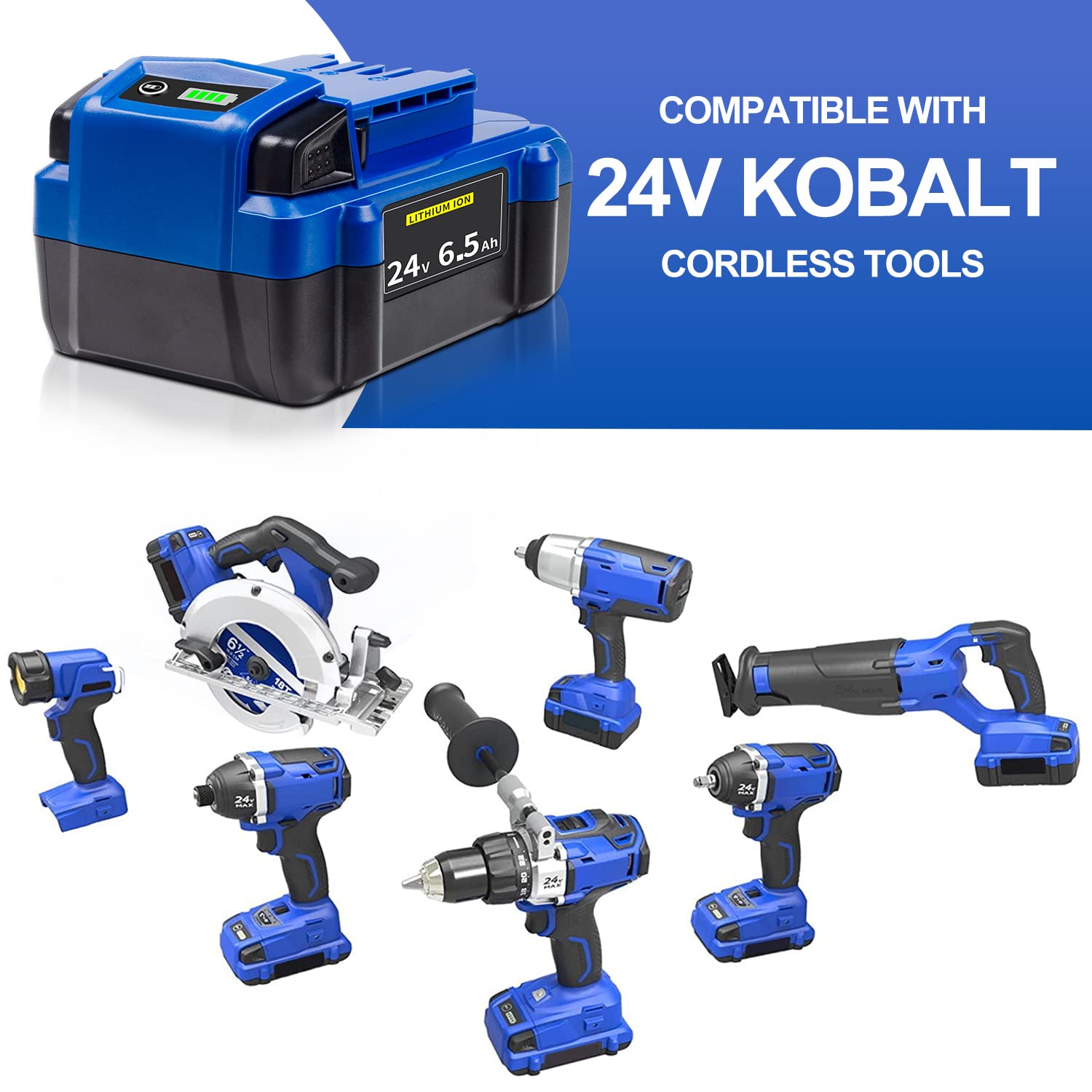 DTK Replacement for Kobalt 24V Battery 6.5Ah Lithium Ion Batteries KB624-03 KB524-03 KB424-03 KB224-03 KB124-03 Compatible with Kobalt 24V Cordless Tool(2Pack)