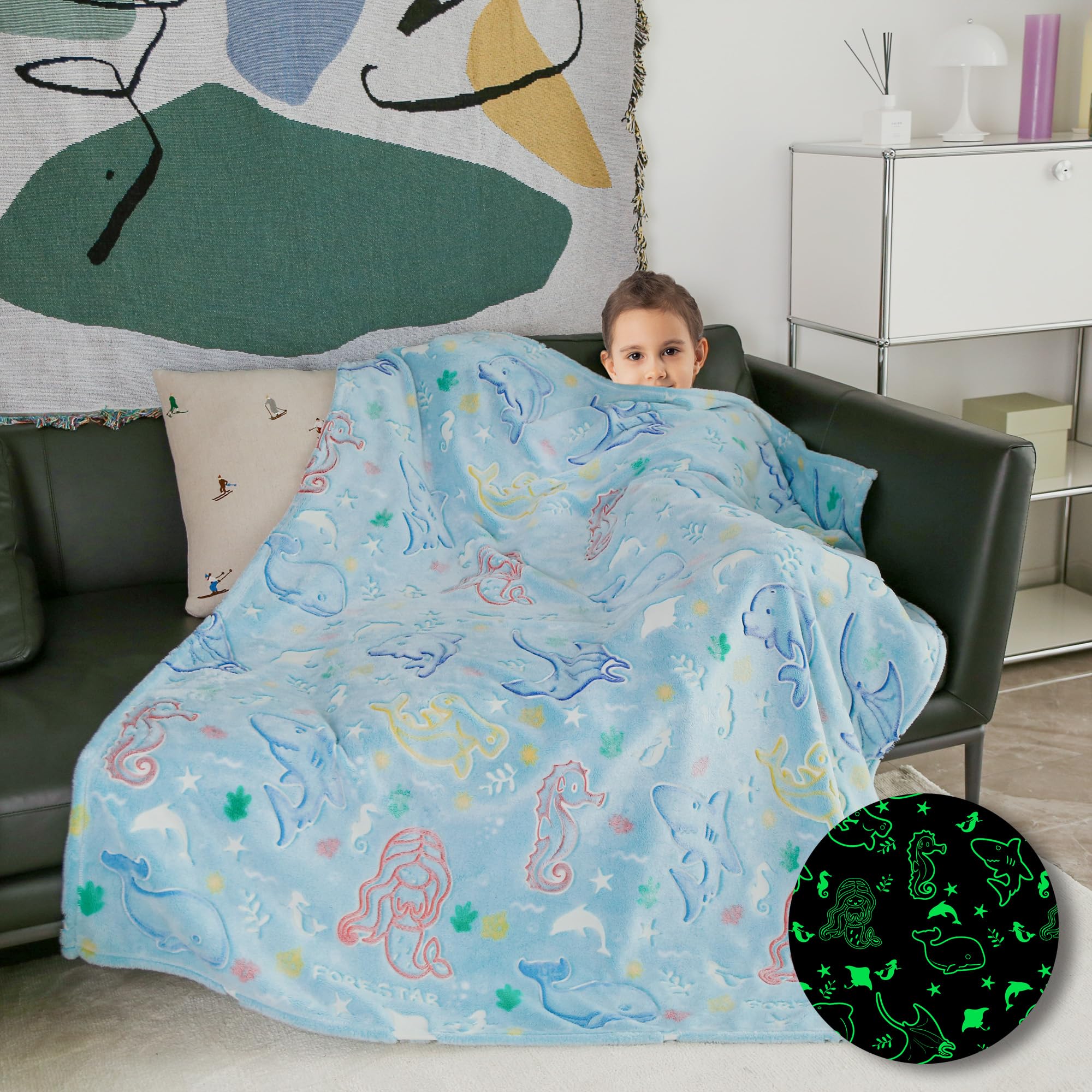 FORESTAR Glow in The Dark Blanket for Girls Boys, Halloween Christmas Birthday Gifts for Kids, Soft Warm Furry Throw Blanket, 50"×60"