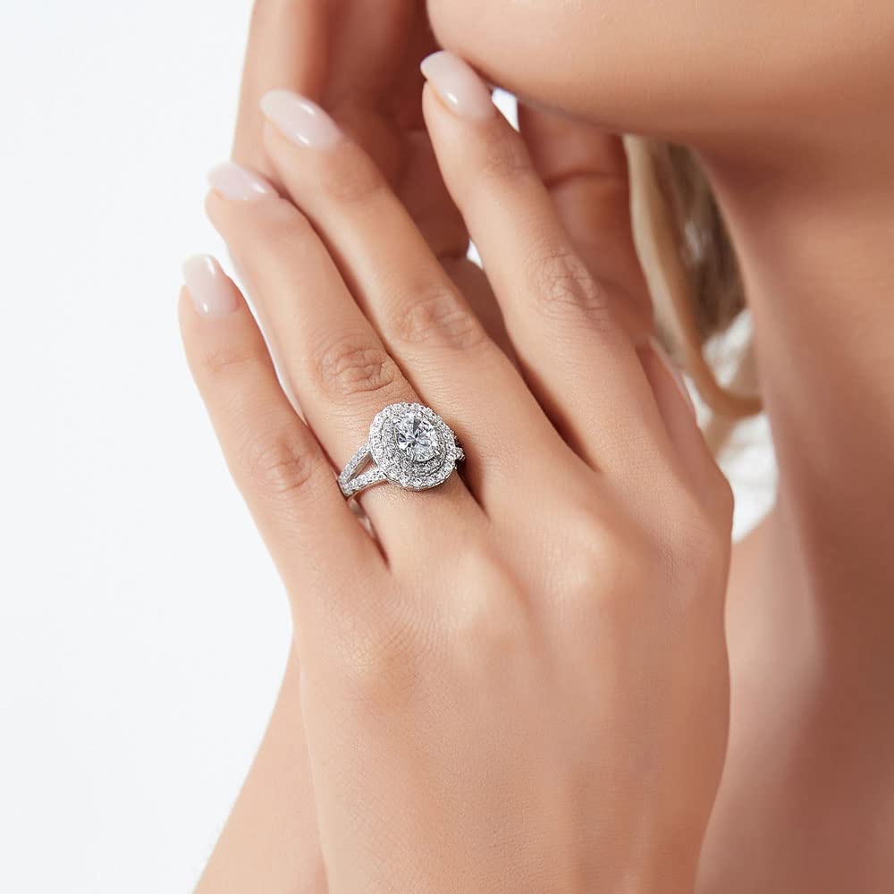 BERRICLE Sterling Silver Halo Wedding Engagement Rings Oval Cut Cubic Zirconia CZ Statement Cocktail Split Shank Ring for Women, Rhodium Plated Size 4