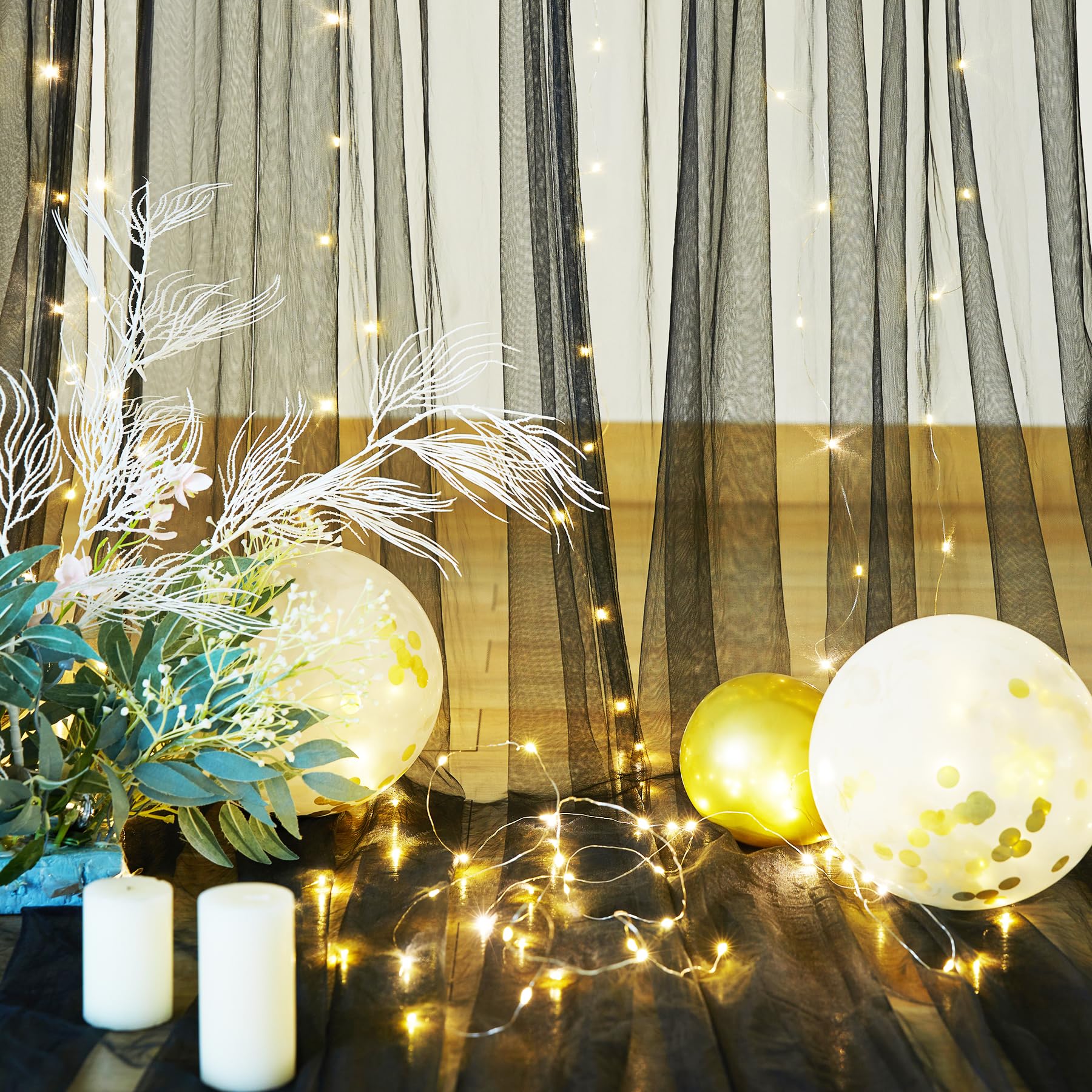 Black Sheer Backdrop Curtains with Lights String for Birthday Party 10ft × 8ft Black Tulle Backdrop Curtain for Baby Shower Halloween Photo Shoot Decorations