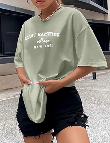 Lauweion Women Drop Shoulder East Hampton Letter T-Shirt Oversized Graphic Baggy Trendy Tee Shirt Top Green