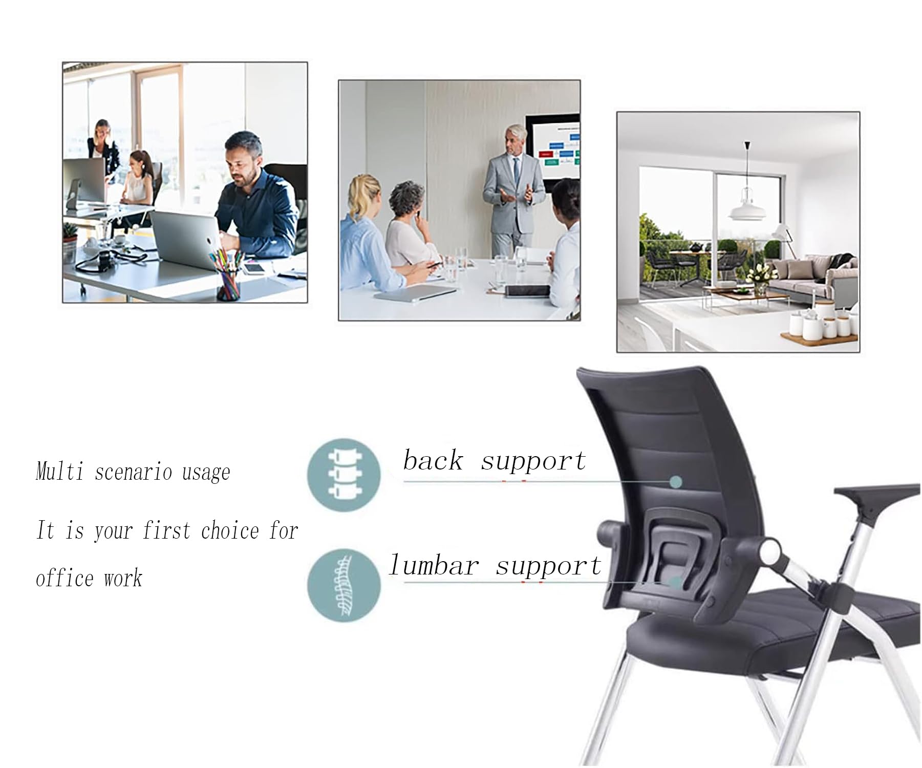 Buokaiw Foldable Office Chair,Folding Desk Chair with Wheels, 360 ° Rotation Leather Conference Training Chairs,Portable Padded Office Chairs. Backrest Bouncy,Black(1 Pcs)