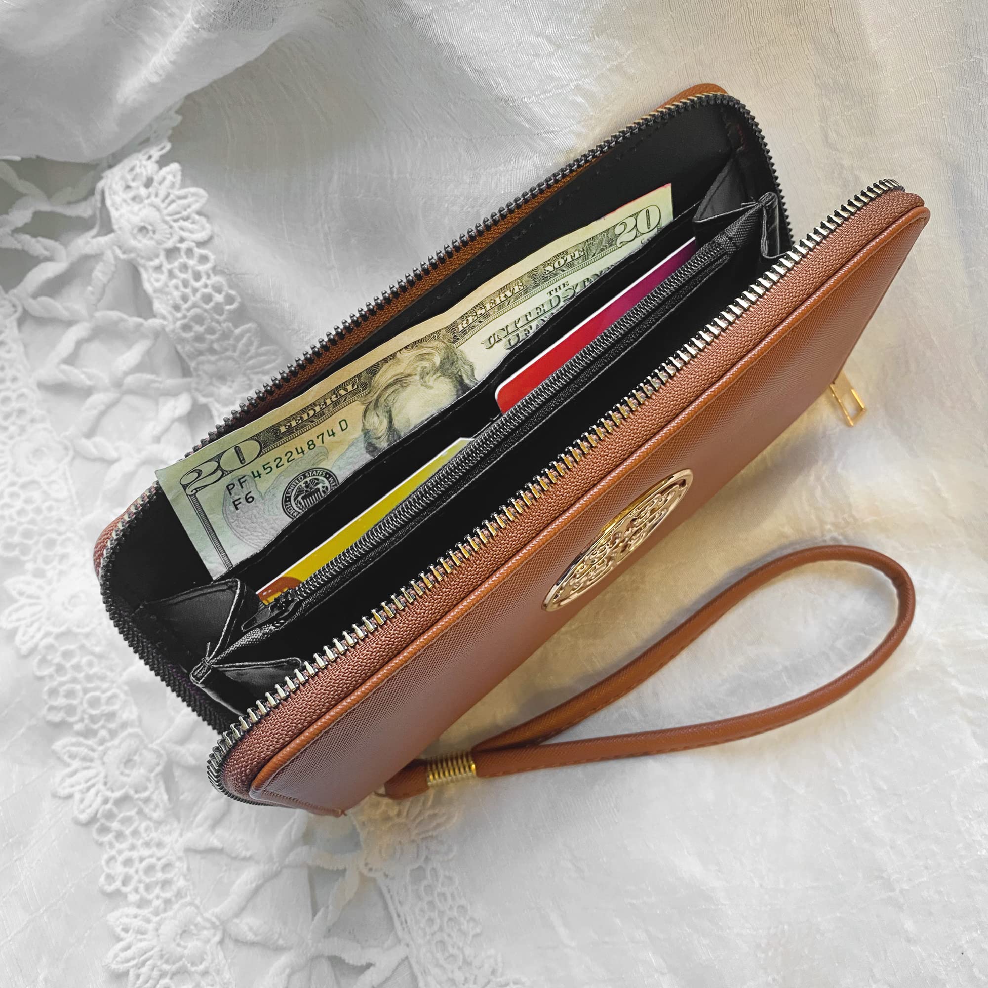 Rebecca & Rifka Women's Large Saffiano Vegan Leather Medallion Zip Around Multi Holder Organizer Wristlet Large Capacity Travel Clutch Wallet (Cognac)