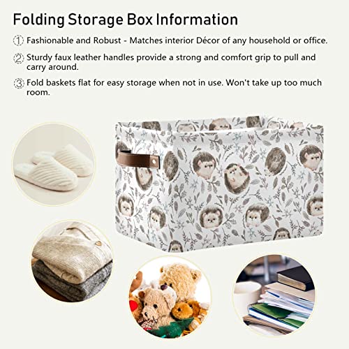 One BearCute Animal Baby Hedgehogs Forest Leaves Storage Basket Square Large Foldable Laundry Baskets Waterproof Inner Layer with Sturdy Handles for Kids Toy Nursery Blanket Clothes 1pack