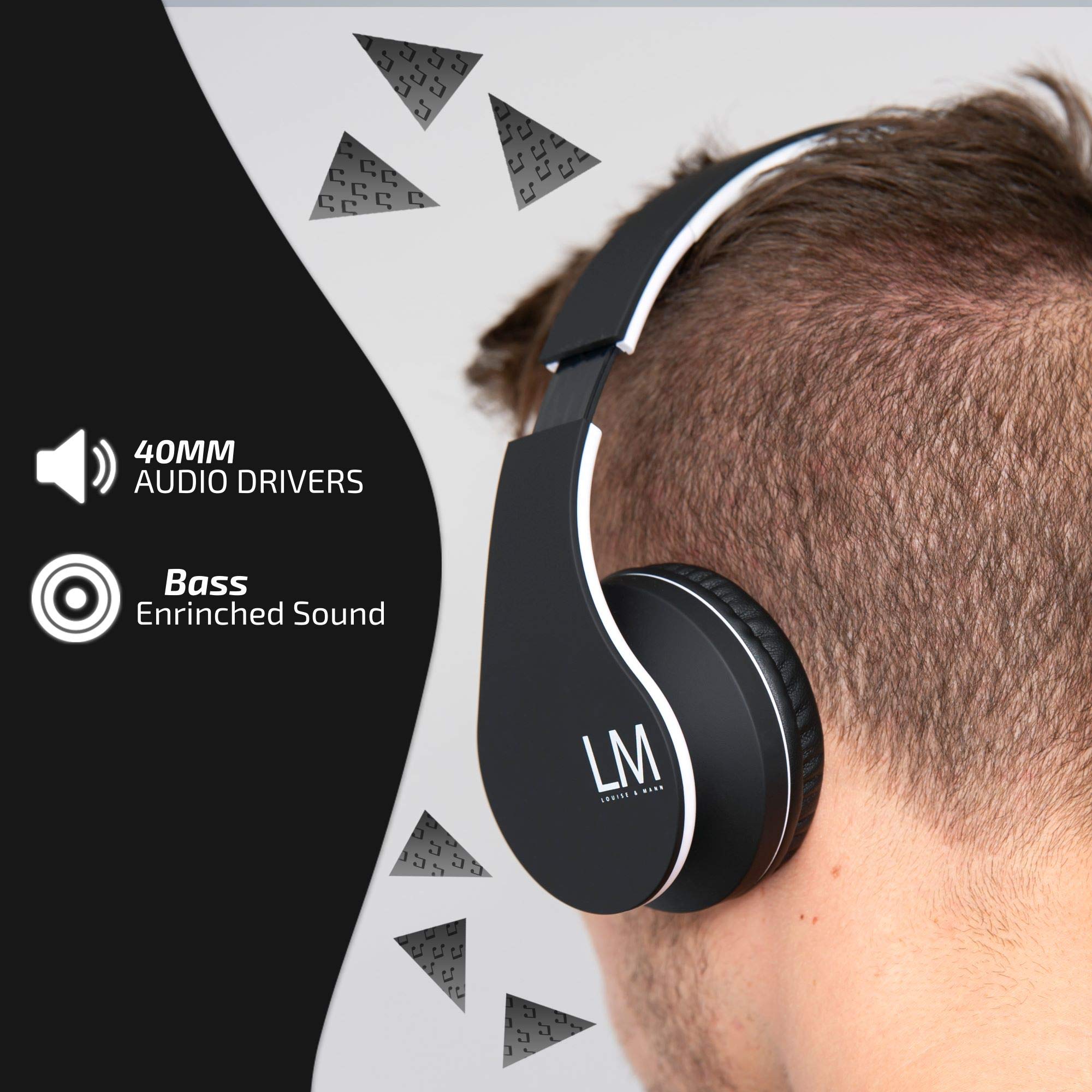 Bluetooth Headphones, Louise&Mann Wireless Headphones Over-Ear, Stereo Headset with Microphone, Soft Earmuffs, Bag for Transport for Phones/Tablets/PC (Black/Silver)