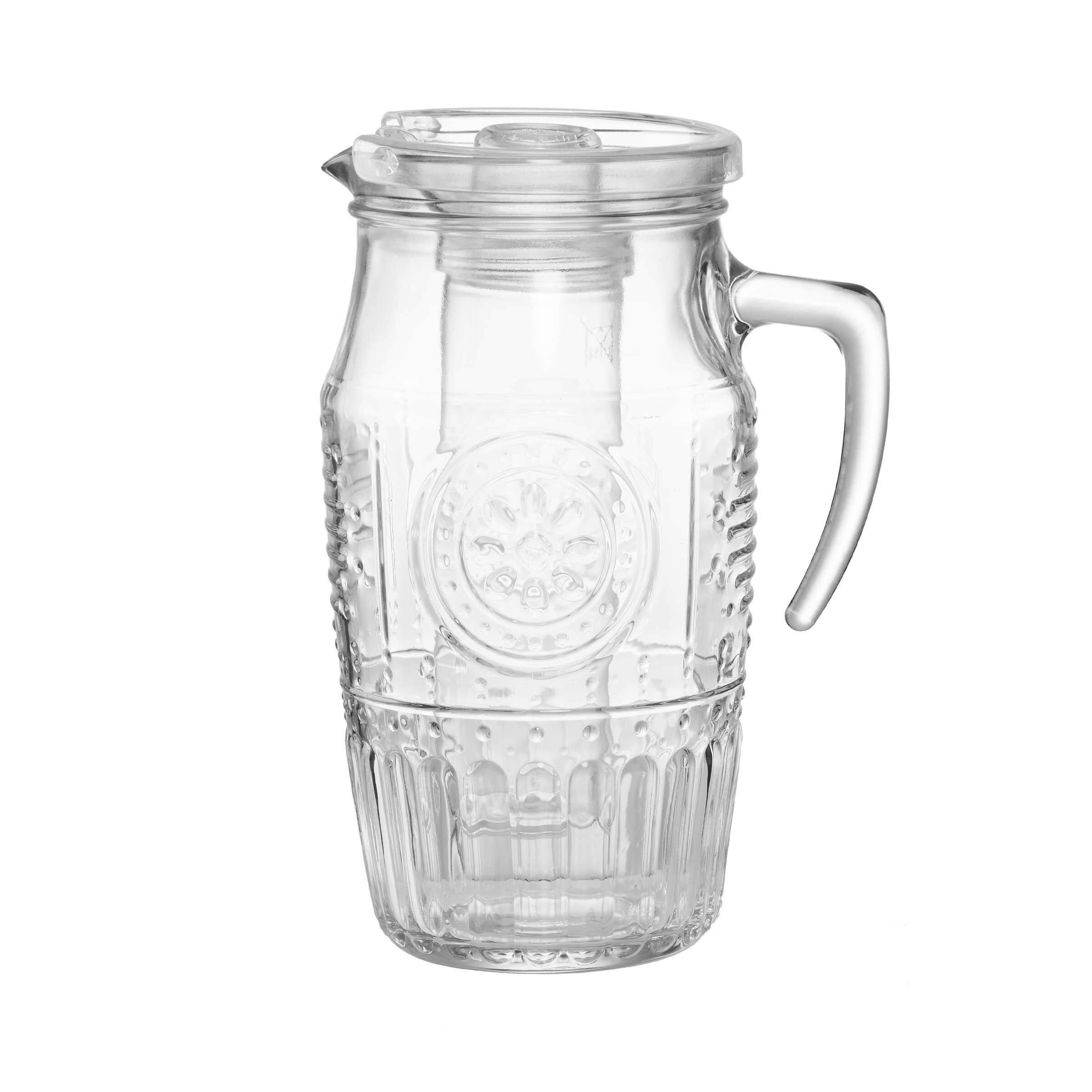Bormioli 'Romantica' glass carafe with ice compartment, carafe filling capacity of 1.8 litres, keeps drinks cool without becoming watered down, glass embossing in a beautiful vintage design