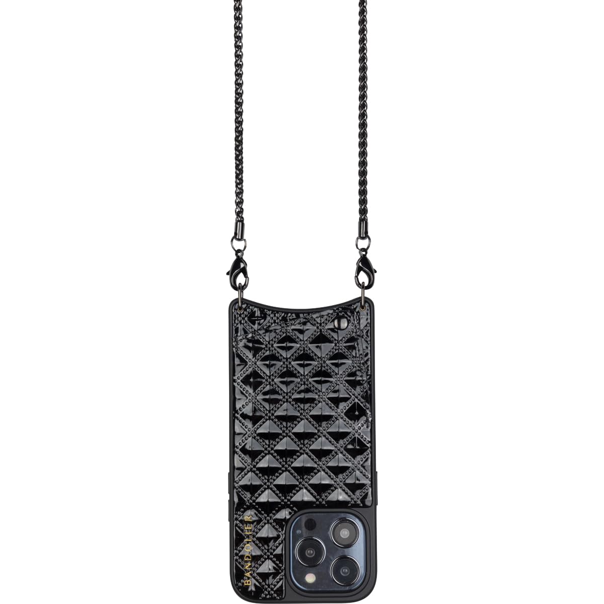 Bandolier Sheila Crossbody Phone Case and Wallet for iPhone 14 Pro - Pyramid Studded Creme Vegan Leather with Gold Detail