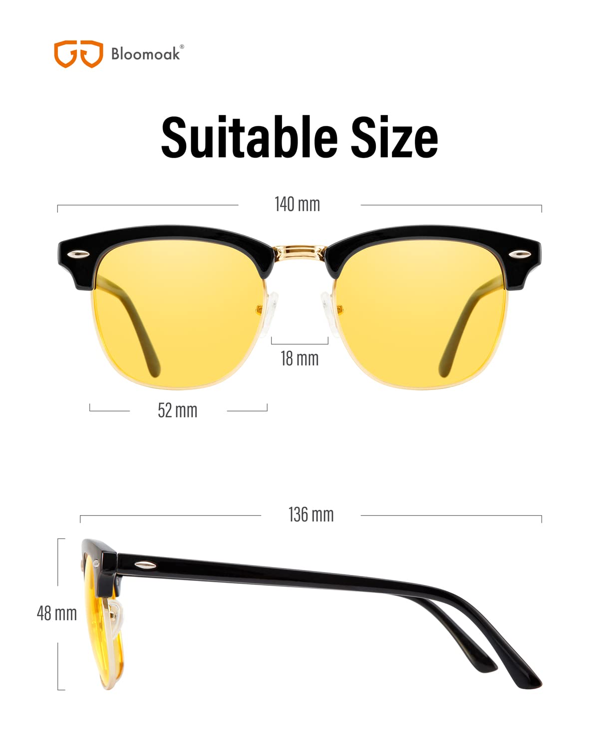 Bloomoak Night Driving Glasses for Men Women, Classical Design | Semi-Frame | Metal Rivets | Polarized| UV400 ProtectionâŚ