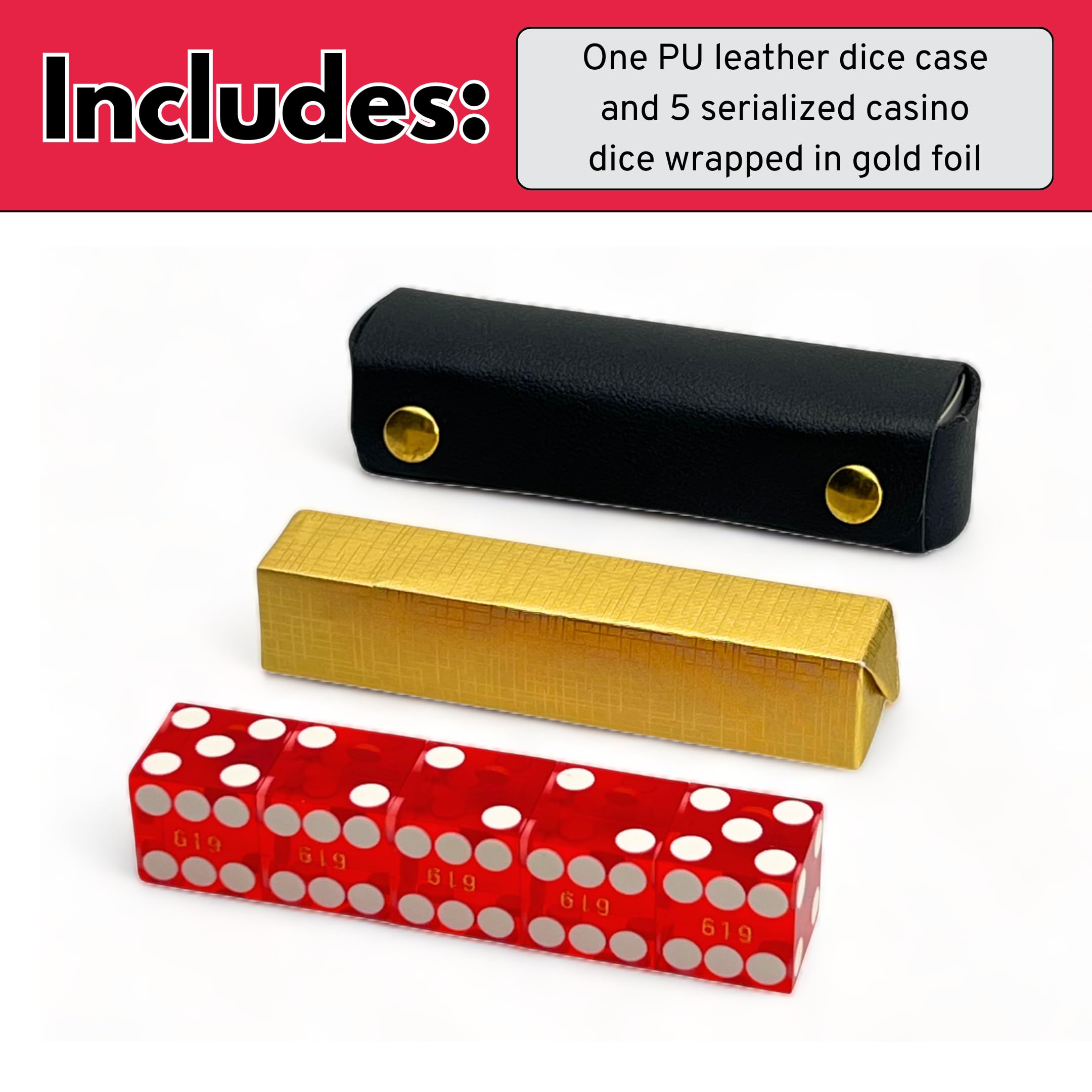 Luck Lab Grade AAA 19mm Casino Dice with Razor Edges and Matching Serial Numbers Set of 5 and Leather Dice Case (Red)