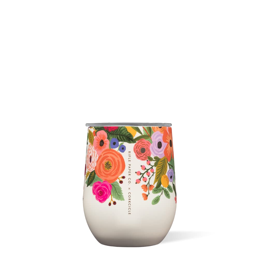 Corkcicle Rifle Paper Co. Stemless Wine Glass Tumbler, Triple Insulated Stainless Steel, Easy Grip, Non-slip Bottom, Keeps Beverages Chilled for 9 Hours, Garden Party Cream, 12 oz