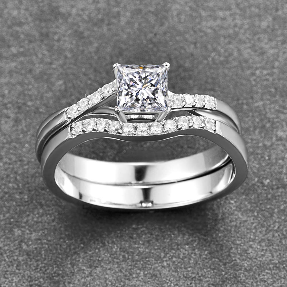 AVECON 925 Sterling Silver Women's Infinity Wedding Ring Set Halo Square CZ Cubic Zirconia Engagement Band Bridal Sets Size 7