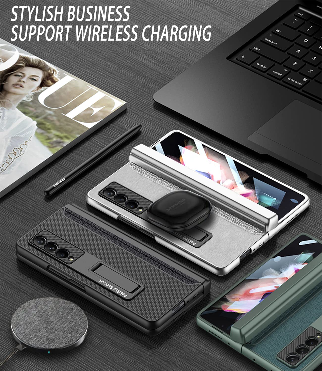 COCOING for Samsung Galaxy Z Fold 3 Case with Pen Holder,Hinged Cover Built-in with Pen Slot,with Screen Protector&Adjustable Bracket,Leather Cover Case for Galaxy Z Fold 3 (Silver)