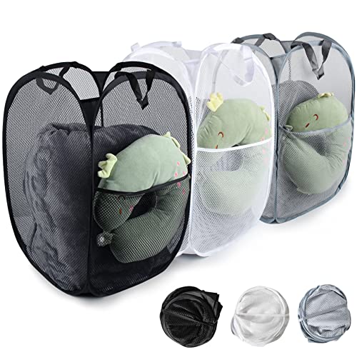 DEDU 3 Pack Pop-Up Laundry Hamper Large Foldable, Portable Mesh Laundry Basket with Handles and Side Pocket, Popup Laundry Bags Extra Large Heavy Duty for Travel and College Dorm (Black-White-Gray)