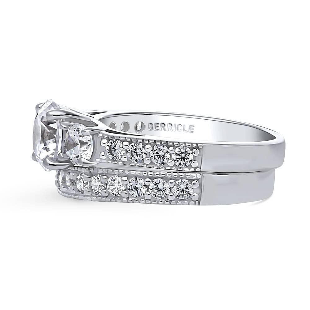 BERRICLE Sterling Silver 3-Stone Wedding Engagement Rings Round Cubic Zirconia CZ Ring Set for Women, Rhodium Plated Size 8