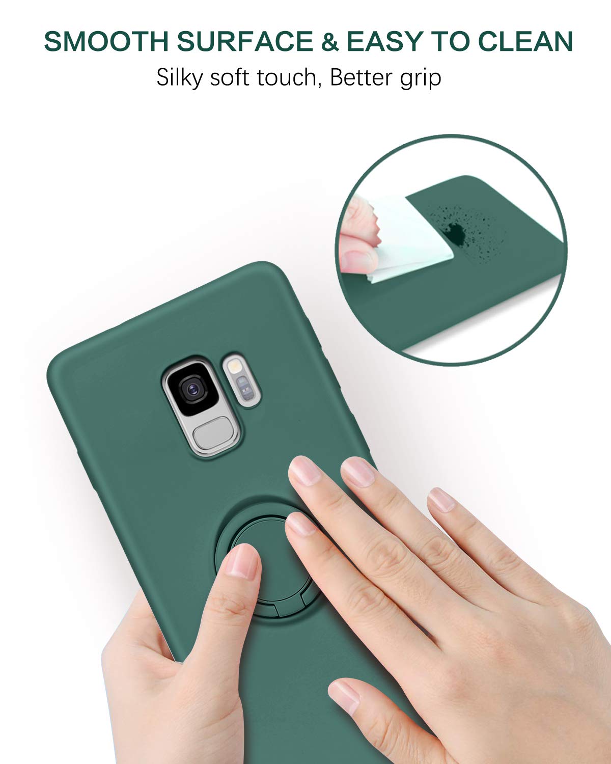 BENTOBEN Samsung Galaxy S9 Case, Slim Silicone | 360° Ring Holder Kickstand | Support Car Mount | Soft Rubber Shockproof Bumper Protective Non-Slip Case for Samsung Galaxy S9 5.8" (2018), Dark Green