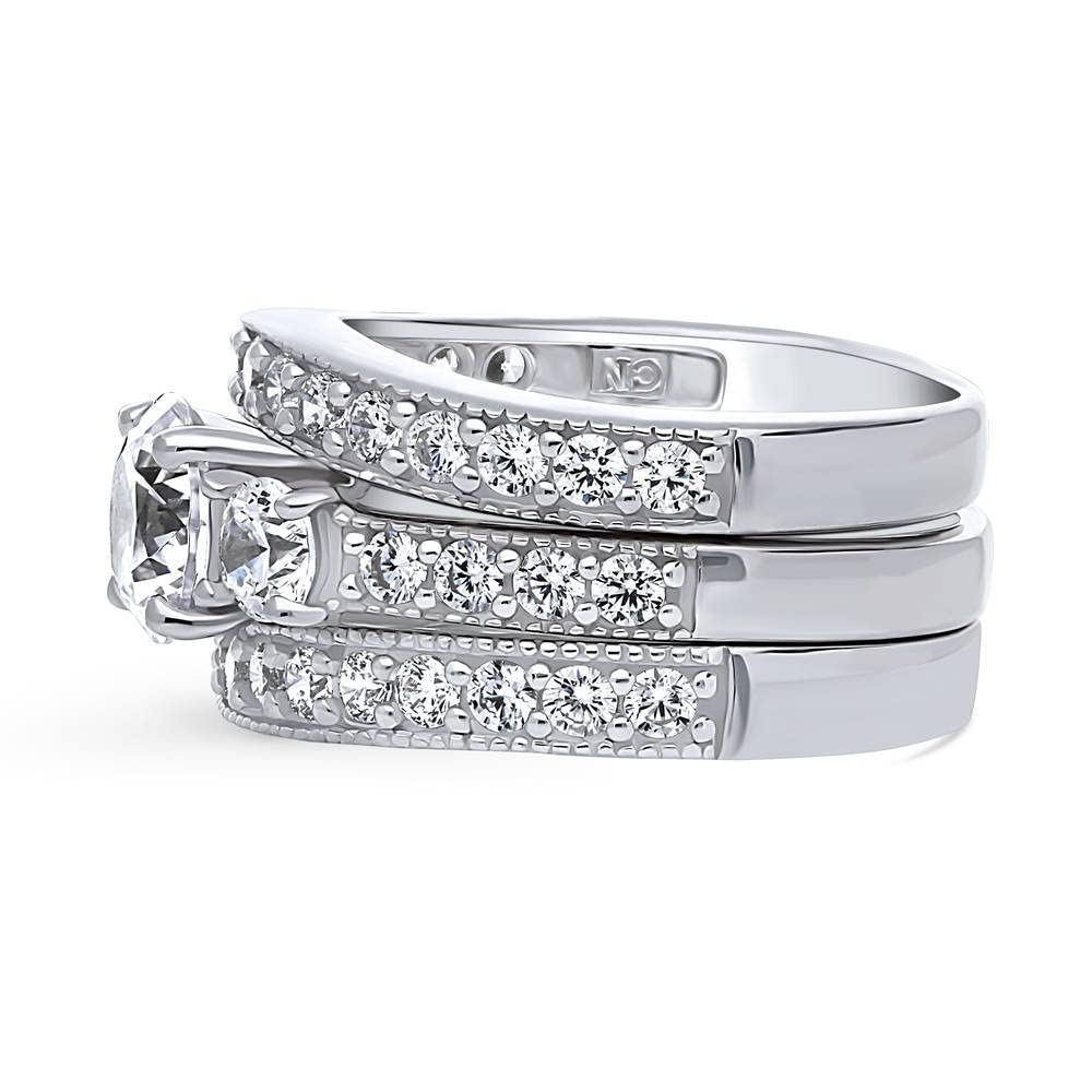 BERRICLE Sterling Silver 3-Stone Wedding Engagement Rings Round Cubic Zirconia CZ Ring Set for Women, Rhodium Plated Size 7