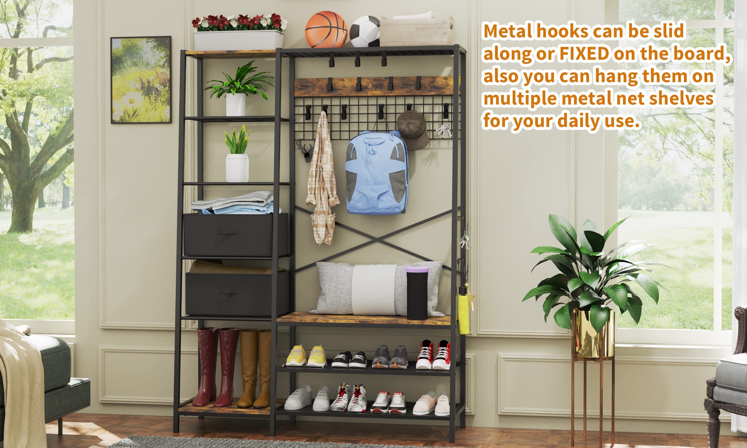 LGHM Modern Versatile Hall Tree with 10 Fixable Metal Hooks, Coat Rack Stand with 6 Side Shelves, Entryway Shoe Bench with Adjust Coat Rack, Top Mesh Shelf, 2 Fabric Box Rustic Brown
