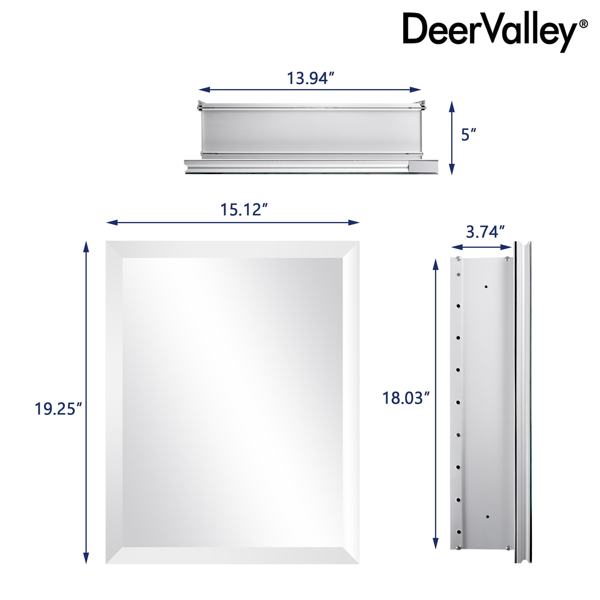 Deer Valley Medicine Cabinet with Mirrors, 15" x 19" Recessed Vanity Mirror for Bathroom, Wall Cabinet with Double Sided Mirror Frameless Rectangle, Adjustable Glass Shelves