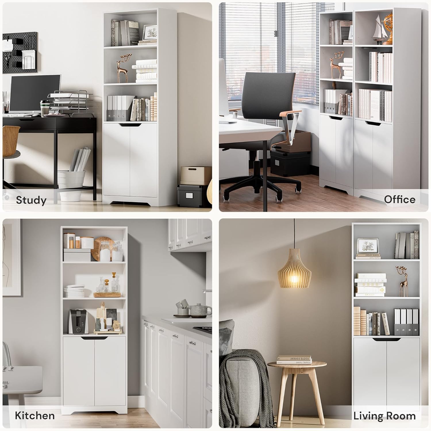 Cozy Castle Bookcase with Doors, 67" Bookshelf with Storage, Freestanding Book Shelf Door for Bedroom, Living Room, Office, White