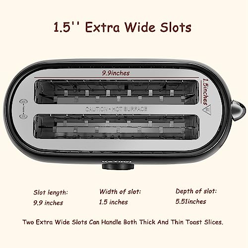Toaster 4 Slice,KOTIAN Retro Long Slot Toasters with Countdown Timer,Stainless Steel Toaster,Bagel,Defrost,Reheat,Cancel Functions,Extra Wide Slots,6 Toast Settings,Removable Crumbs Tray,Matte black
