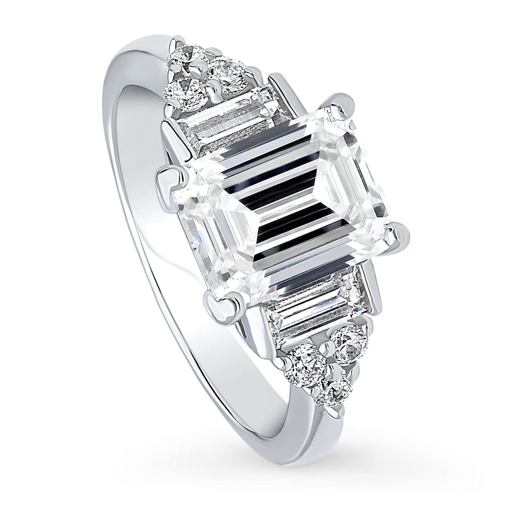 BERRICLE Sterling Silver 3-Stone Wedding Engagement Rings Emerald Cut Cubic Zirconia CZ Ring for Women, Rhodium Plated Size 8