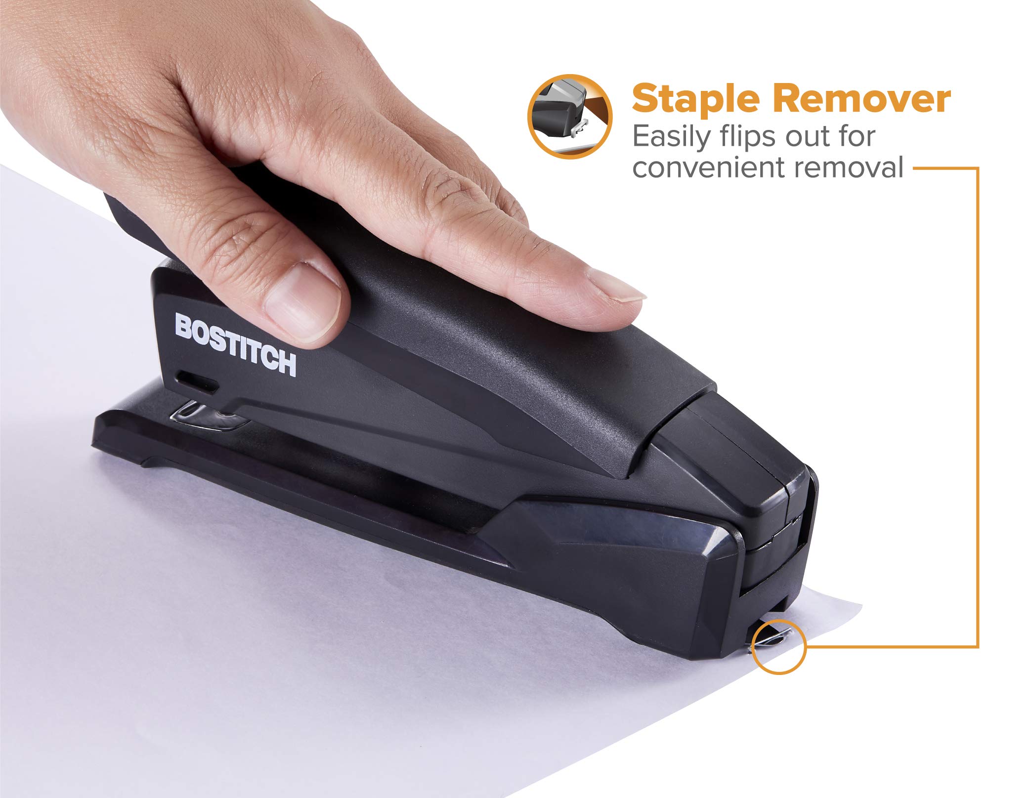 Bostitch Office Executive 3 in 1 Stapler, includes 210 Staples and Integrated Staple Remover, One Finger Stapling, No Effort, 20 Sheet Capacity, Spring Powered Stapler, Black (INP20-BLK)