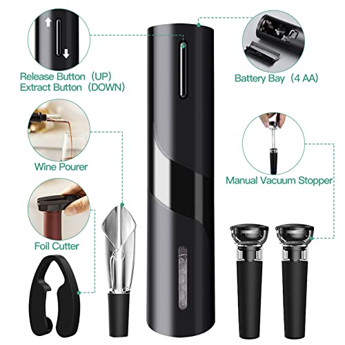 TEBIKIN Electric Wine Bottle opener,Battery Operated Automatic Wine Bottle Corkscrew Opener with Foil Cutter,2 Wine Vacuum Stopper,Wine Pourer for Gift,Home,Party