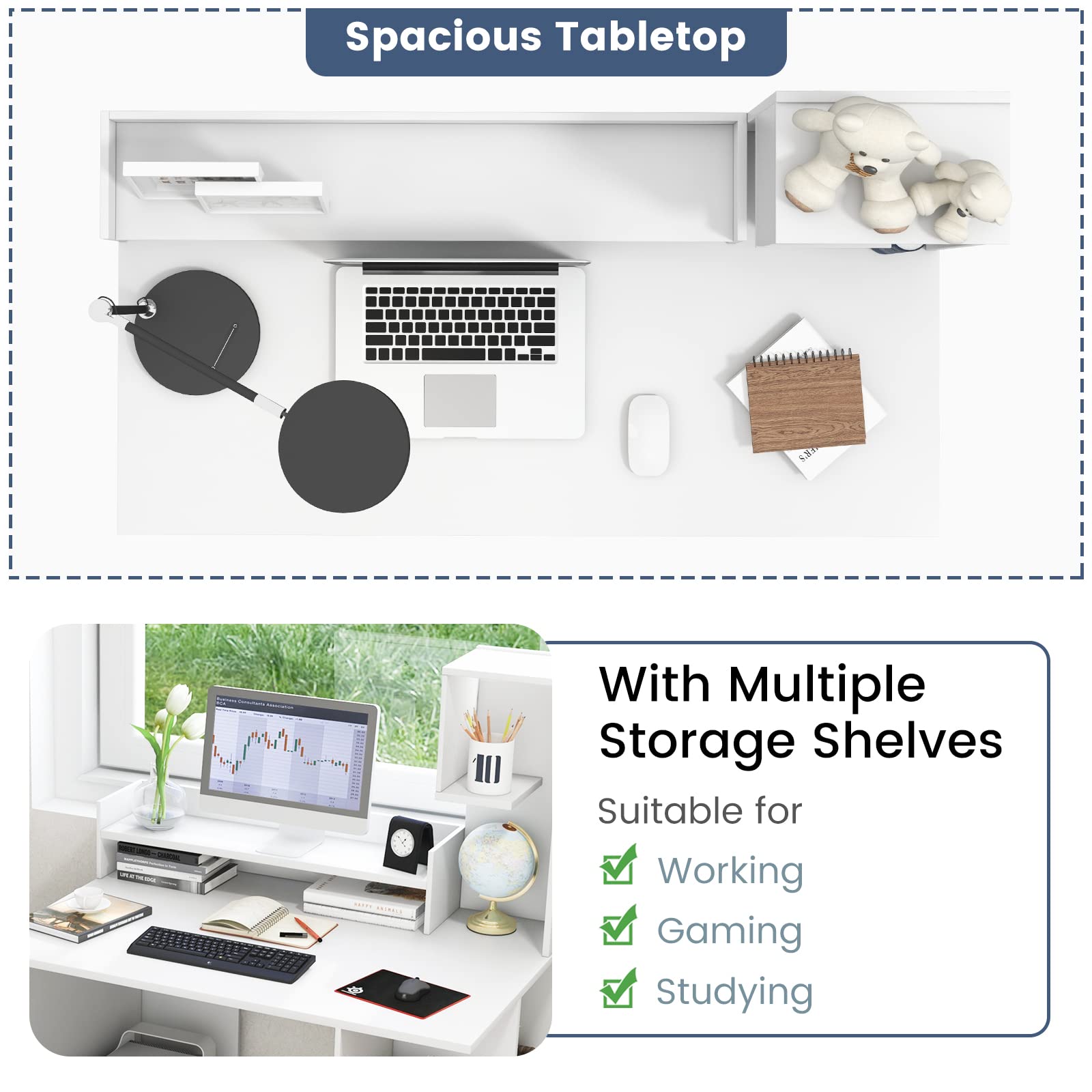 Tangkula White Desk with Storage Bookshelf & Hutch, 48” Modern Home Office Desk with 8 Storage Shelves, Space Saving Writing Study Desk for Bedroom, Compact Computer Workstation for Home