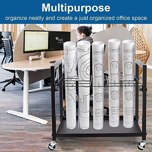 Blueprint Storage Rack Cart,Rolling File Cart with Wheels, 20 Slots Roll File Holder for Home Office School to Storage Poster Architectural Plan Wrapping Paper,Metal Roll File Organizer for Home