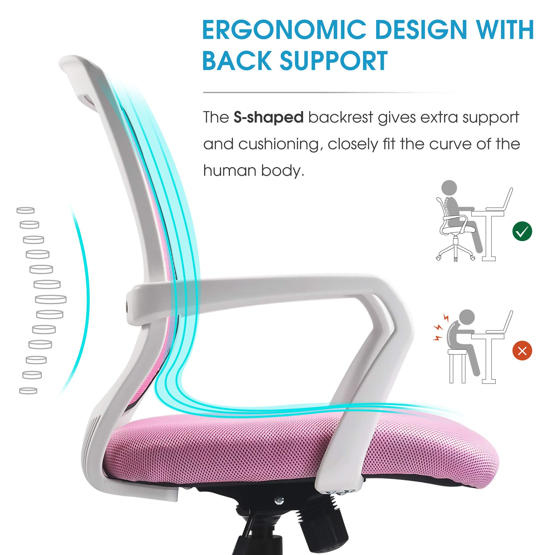 BLUERA Office Chair Ergonomic Desk Chair Mesh Computer Chair Swivel Chair with Back Lumbar Support- Multiple Colors-Pink