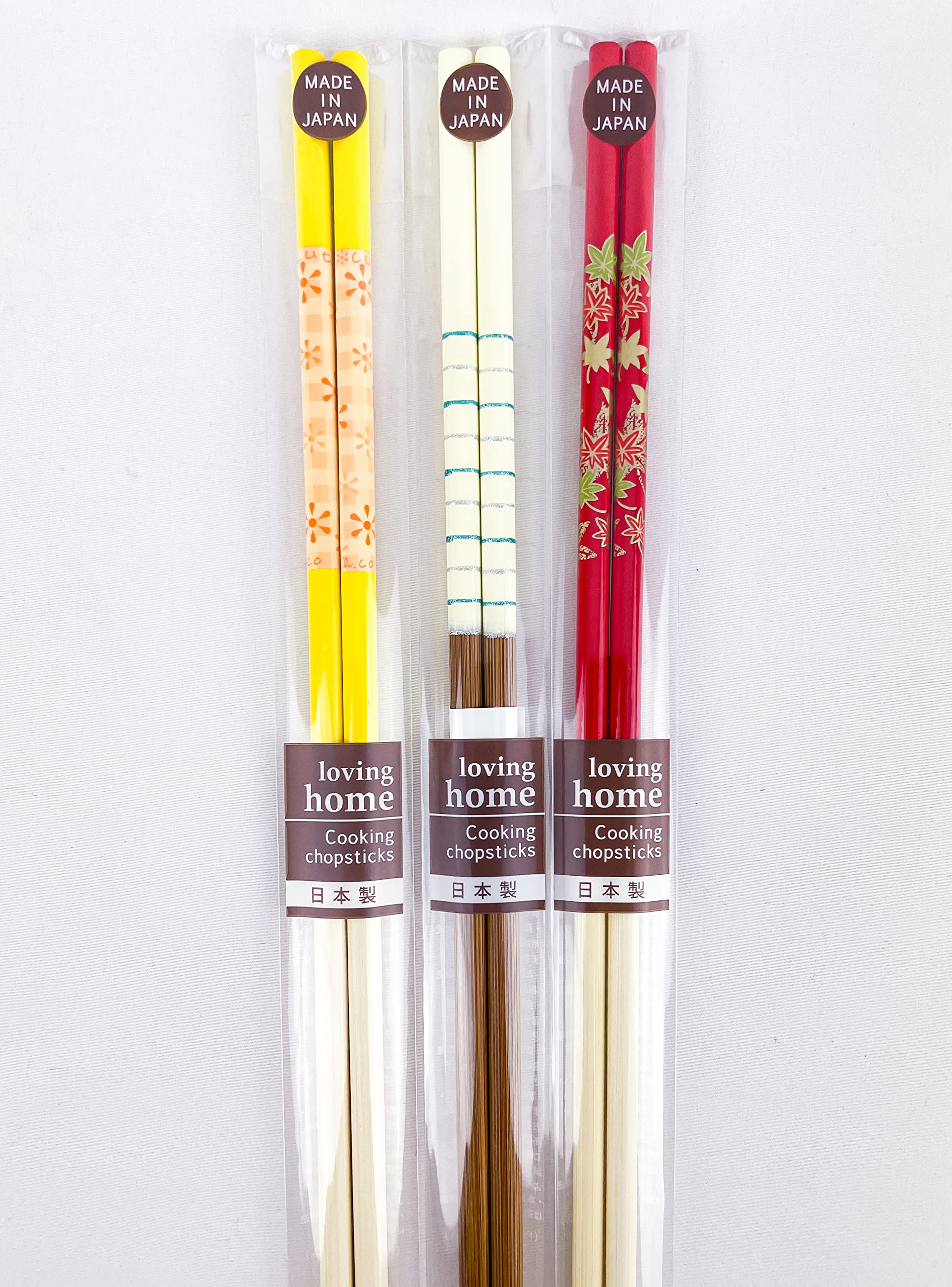 Set of 3 Assorted Cooking Chopsticks, Made in Japan, Natural Bamboo Saibashi, 13inches, Cute Shiba Inu Pattern, Traditional Japanese pattern, Simple Modern Pattern, Colorful Pattern