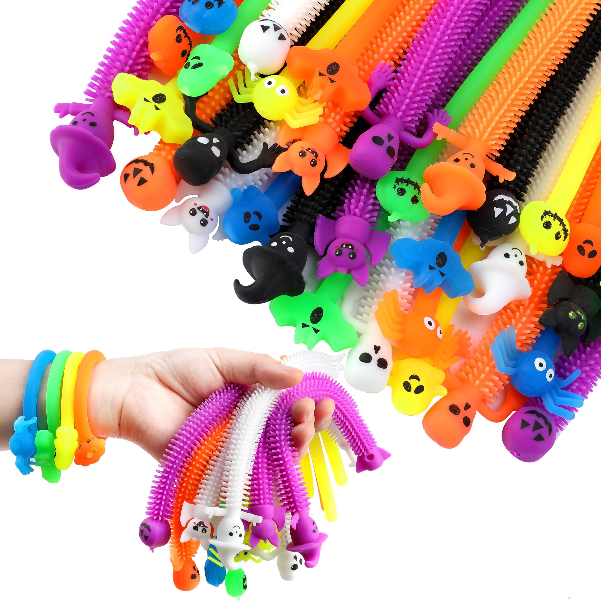 codree 32 Pcs Halloween Stretchy Fidget Toy- Colorful Stretchy Strings Sensory Fidget Toys- Sensory Stress Relief Stretch Toys with Ghost Pumpkin Bats Skull for Kids Party Favors Treat Bags Gifts