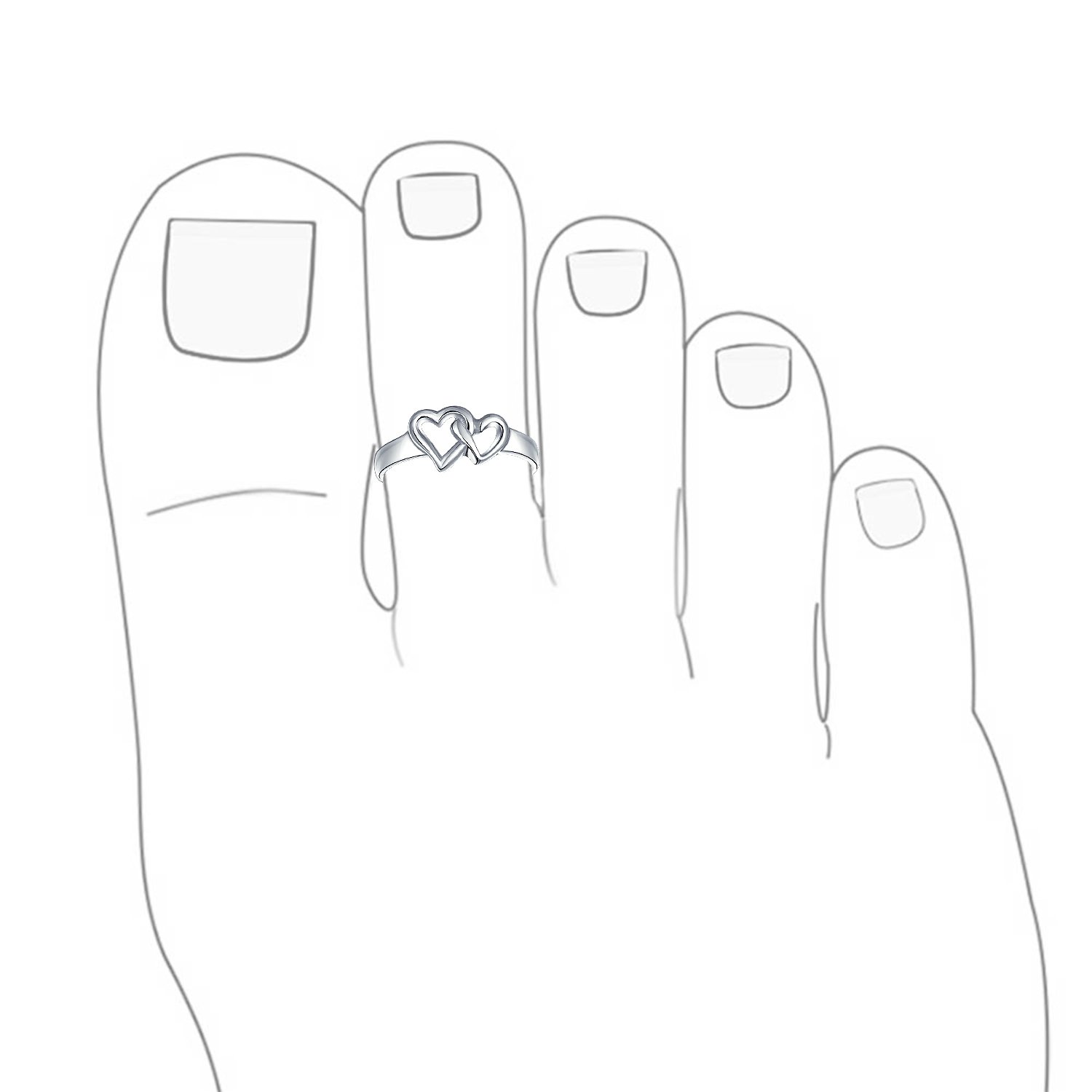 Bling Jewelry Personalized Romantic Midi Mid Finger Double Open Interlocking Hearts Toe Ring For Women Teen Polished .925 Silver Sterling Adjustable Custom Engraved