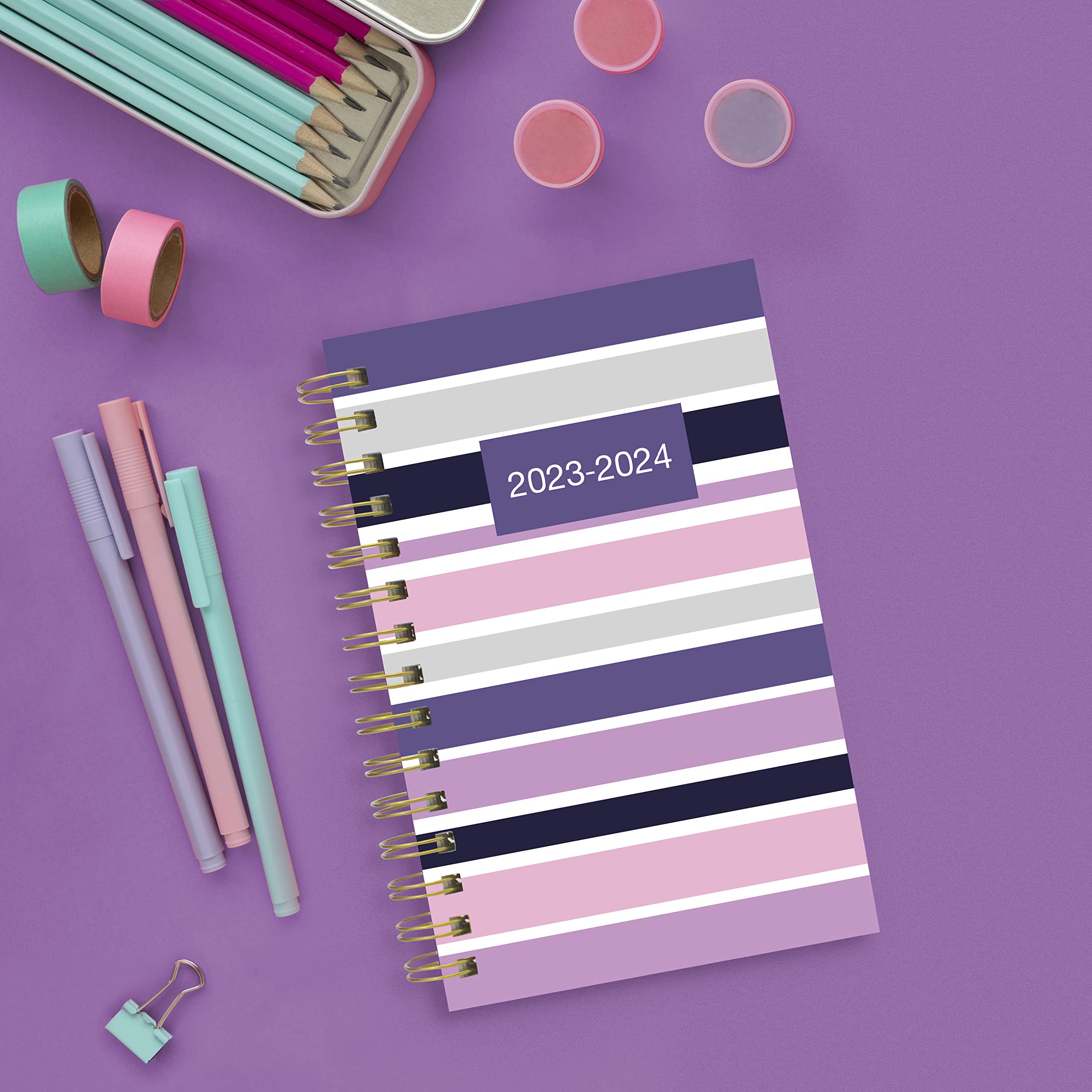 Blueline Essential Academic Daily/Monthly Planner, August 2023 to July 2024, Gold Twin-Wire Binding, Poly Cover, 8" x 5", Geo Design, Stripes (CA214PH.03-24)