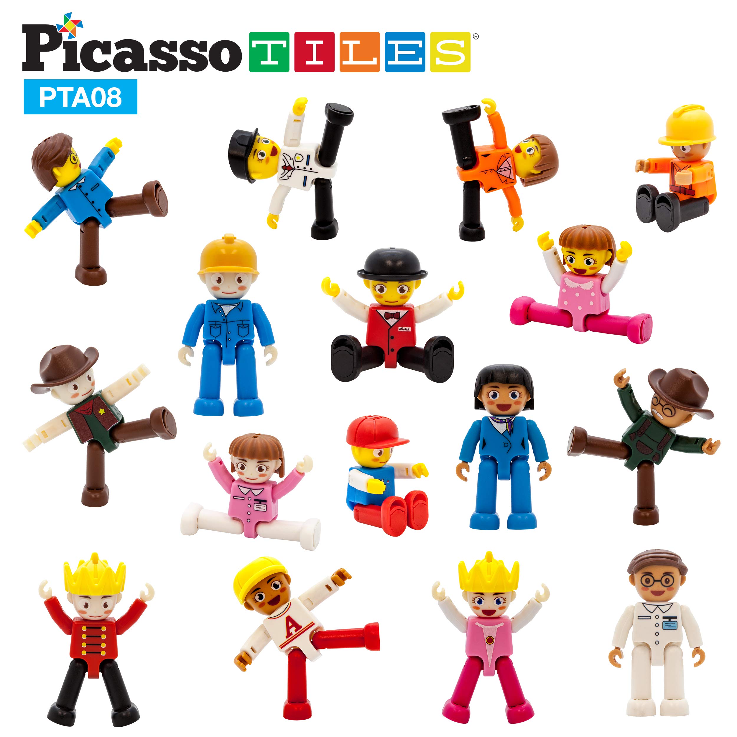 PicassoTiles 16 Piece Character Action Figures Toddler Toy Set Expansion Pack Magnetic Construction Blocks STEM Pretend Play Toys Building Tiles PTA08