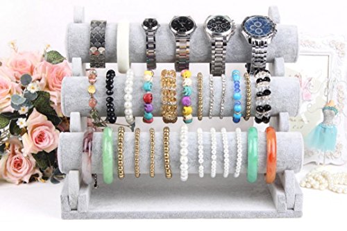 Wudygirl Triple Bracelet Holder Jewelry Display Stand Watch Bangle Bar Necklace Storage Organizer Gray (Ice Velvet 3 Tier)
