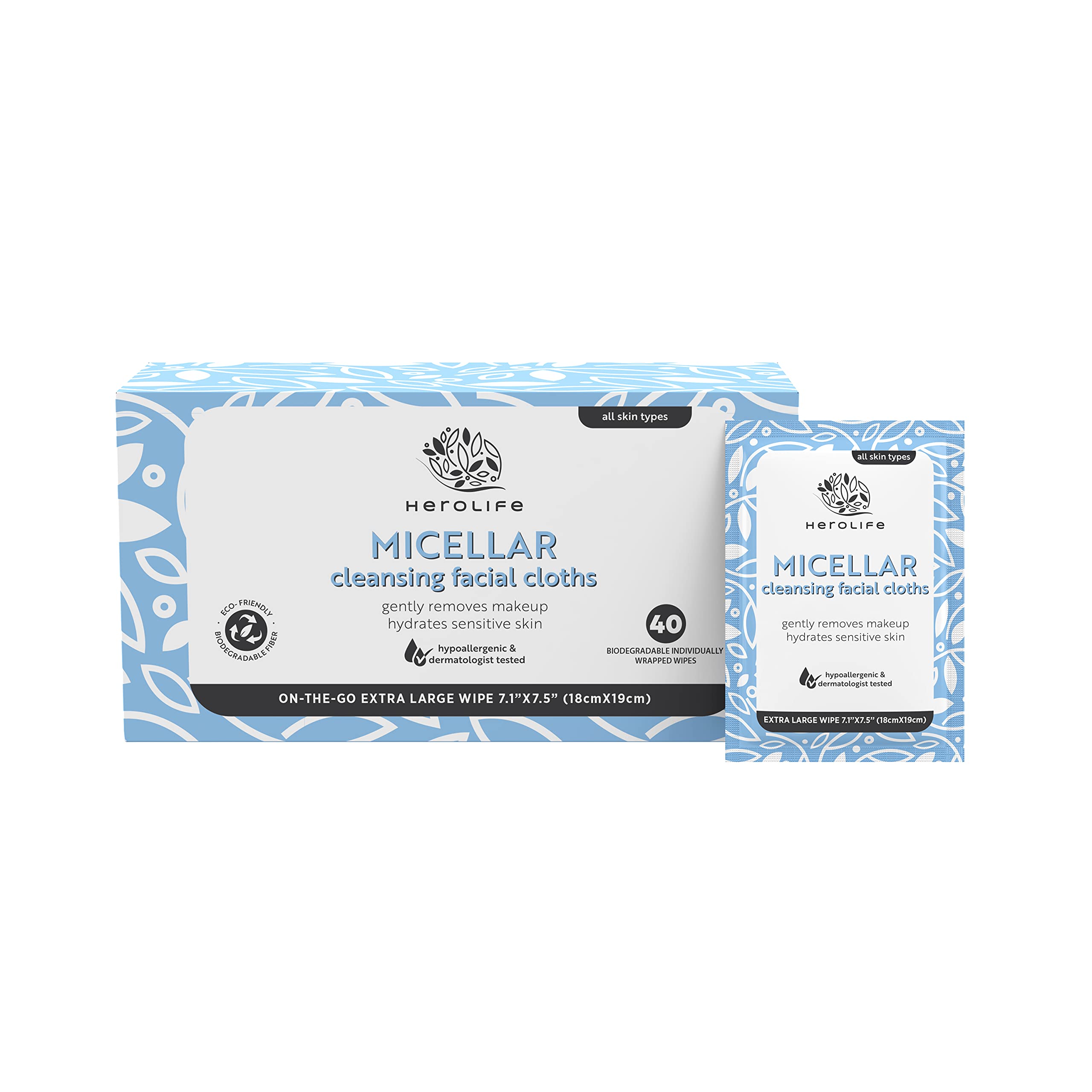 HEROLIFE Micellar Makeup Remover Cleansing Facial Cloths,Pre-moistened, Single-Use, , 1 pack of 40, Large size 7.1β x 7.5β Biodegradable individually Wrapped Wipes formulated with Plant-Based derived ingredients