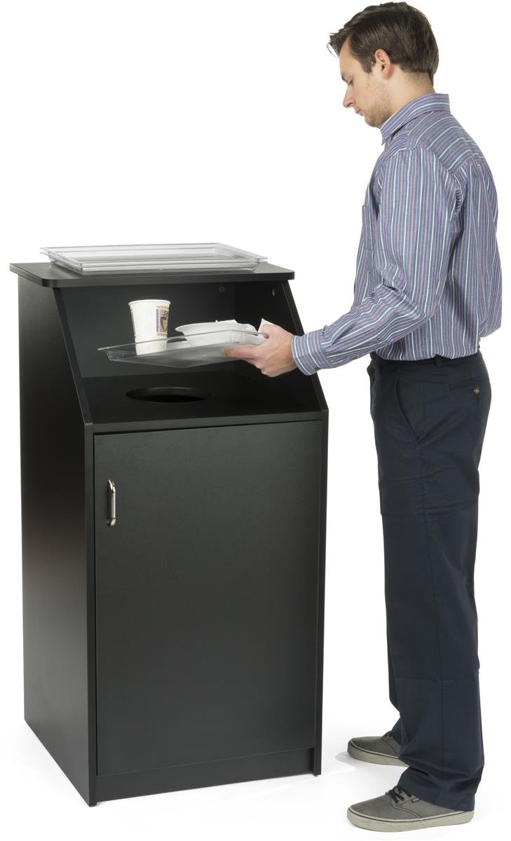Displays2go Commercial Trash Bin with Black Finish, MDF Construction, Melamine Finish, Circular Cutout - Hinged Door (LCKDTLCSBK)