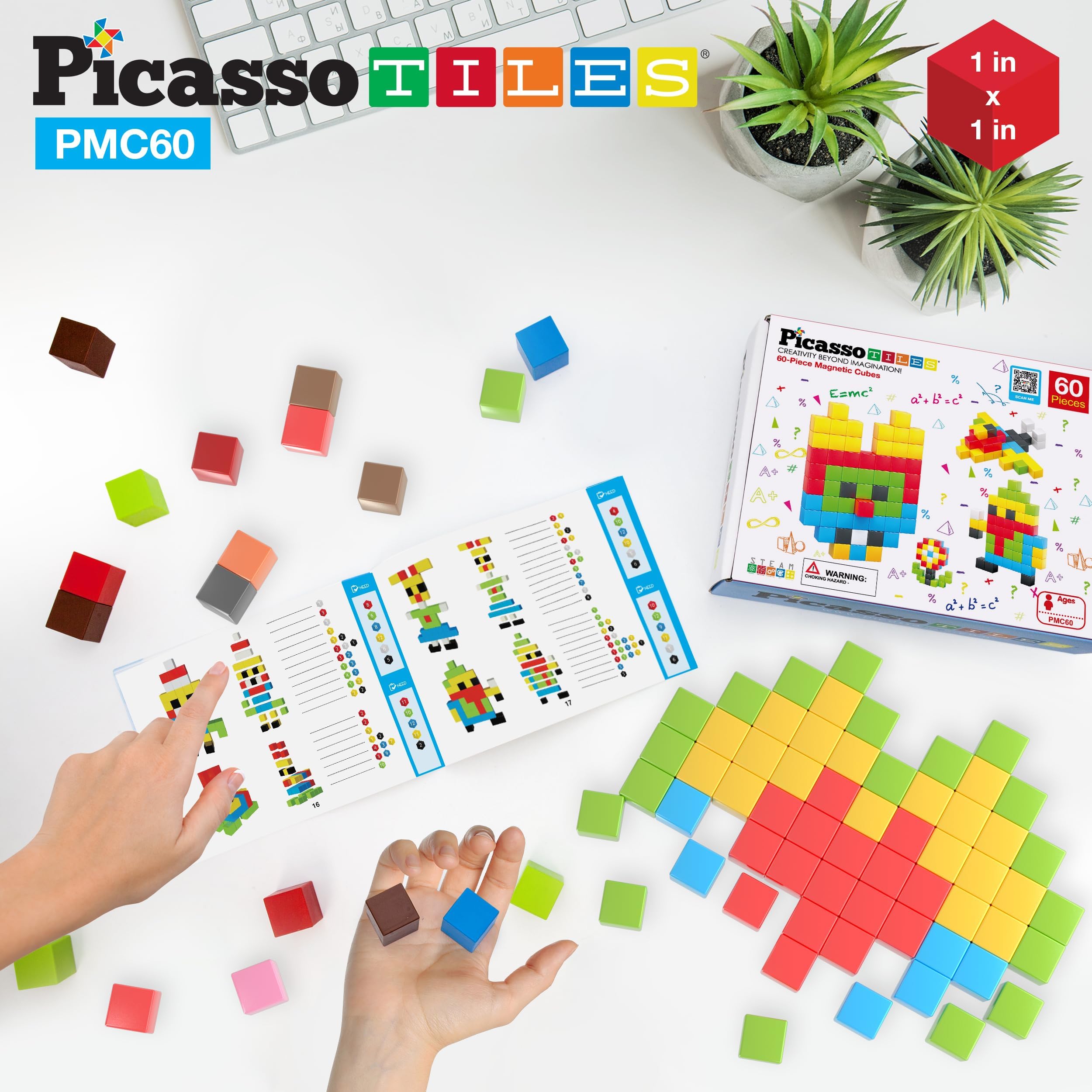 PicassoTiles 60 Pieces 1" Magnetic Building Blocks, 3D Construction Cubes Magnet Sensory Toys Gifts with Free Idea Book for Kids, Toddlers & Babies - PMC60
