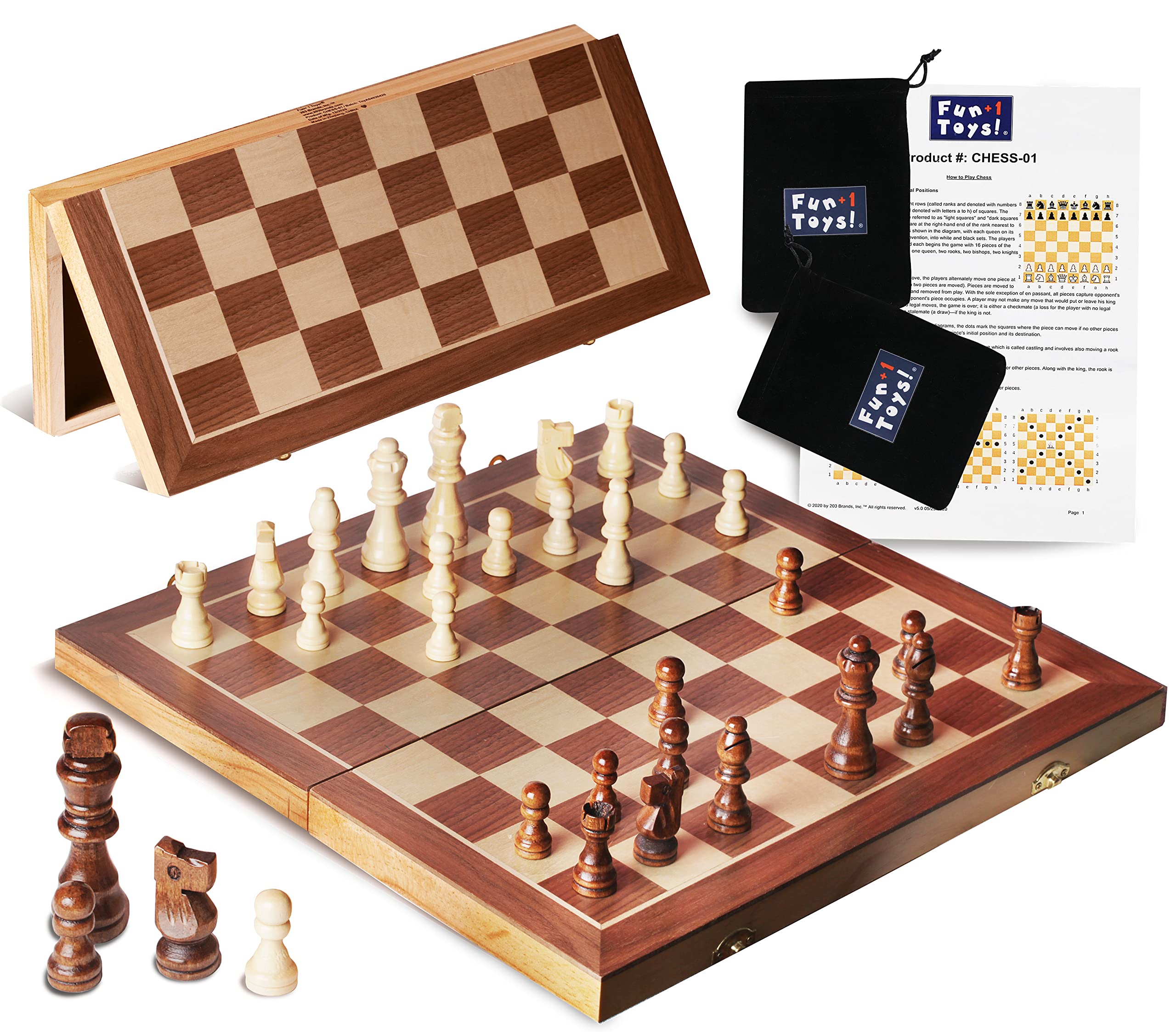 Fun+1 Toys! Wooden Chess Set for Adults and Kids, 15" Portable Chess Board Set with Chess Pieces & Drawstring Bag