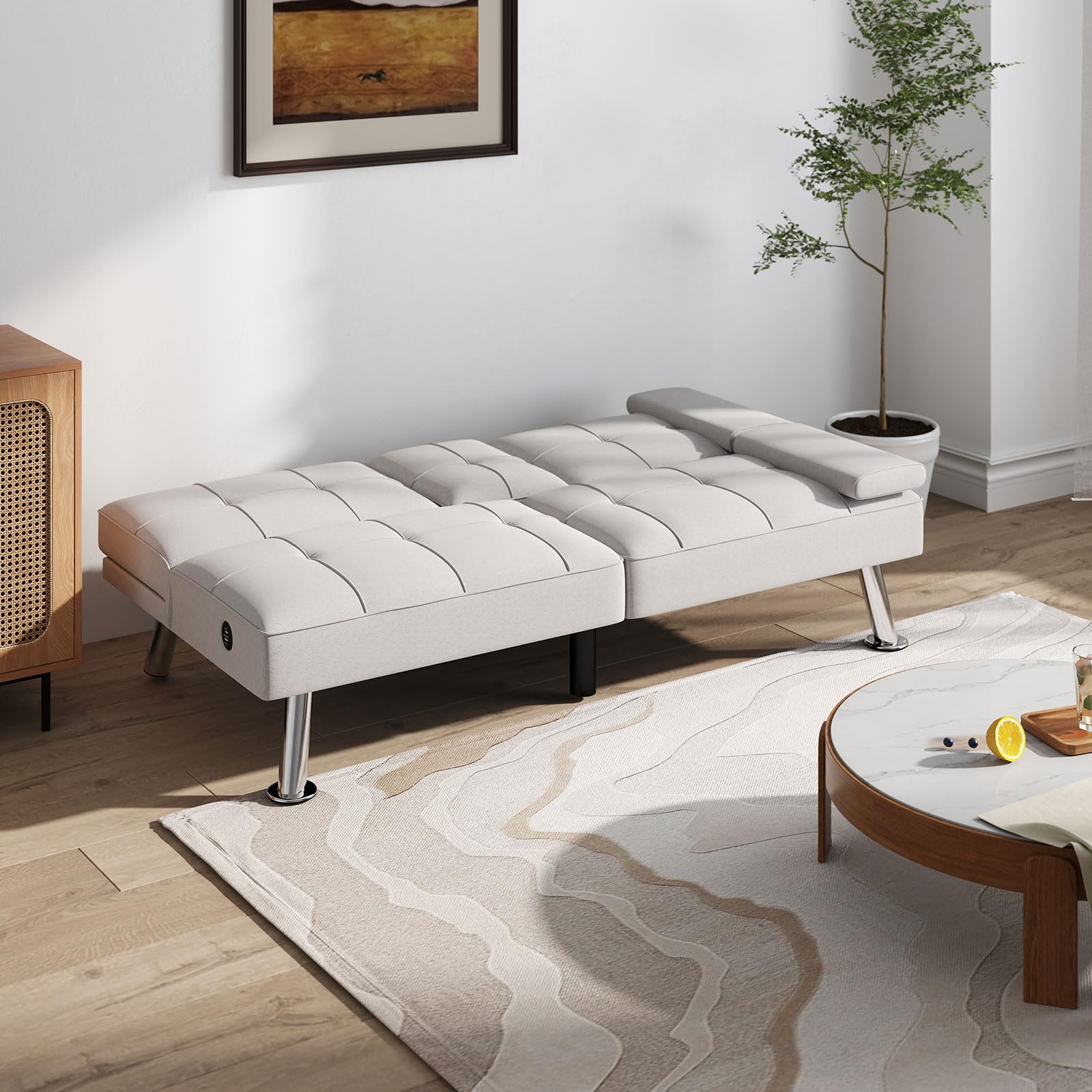 Bonzy Home Futon Sofa Bed, Multifunctional Convertible Sofa Bed with USB Charging Ports and Cup Holders Modern Sleeper Sofa for Compact Living Space, Apartment, Dorm, Beige