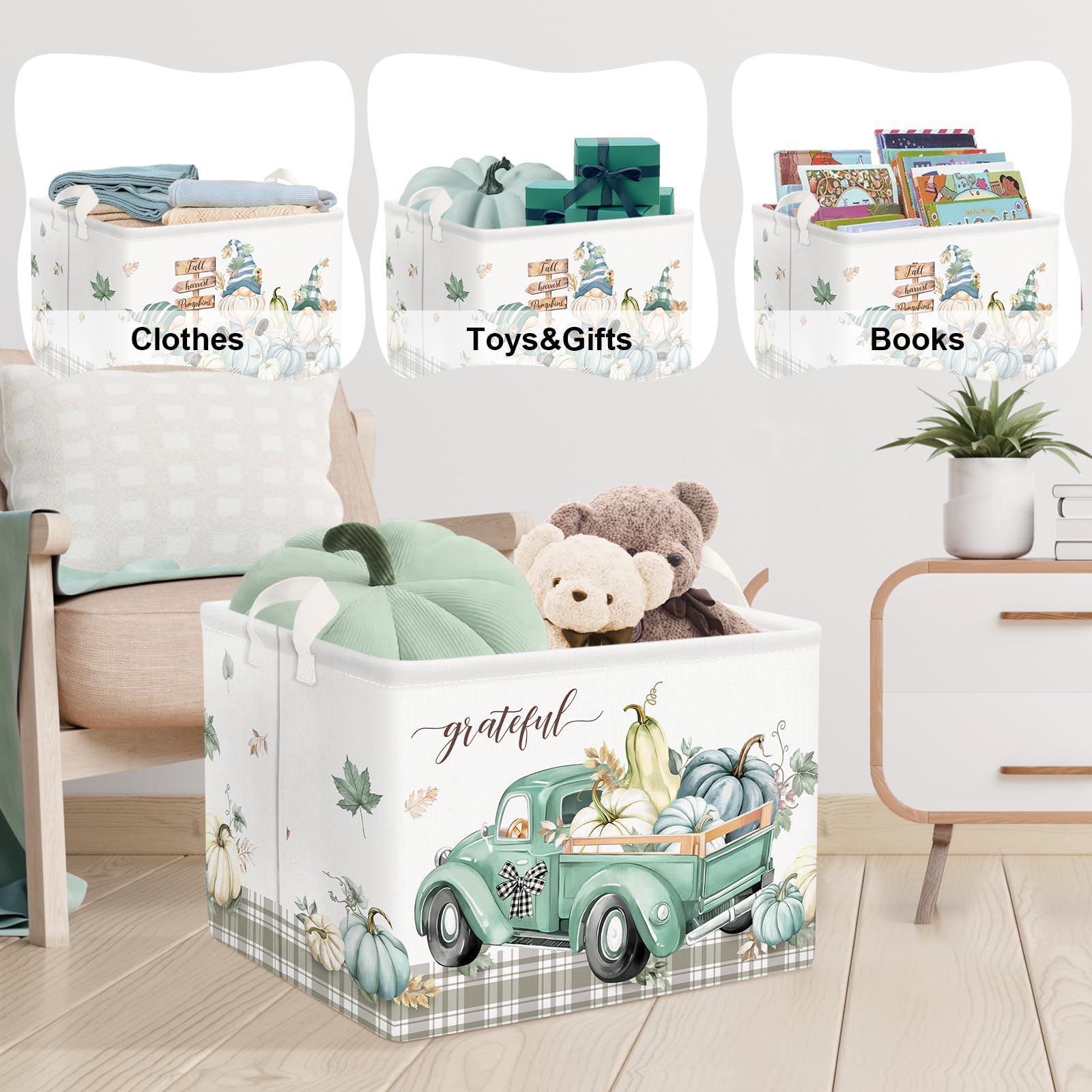 Clastyle Blue Pumpkin Gnome Thanksgiving Basket Harvest Buffalo Plaid Truck Maple Leaf Fall Gift Bin Farm Autumn Shelf Basket for Clothes Toy Book