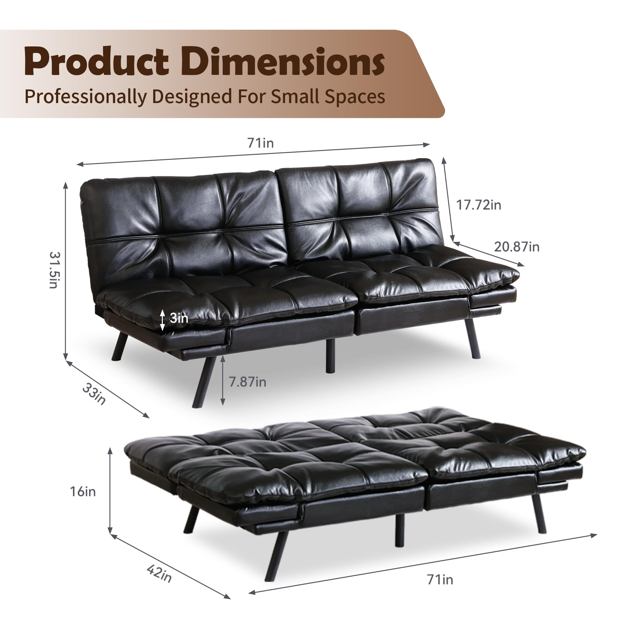 Cozysnooze Futon Sofa Bed,Convertible Sofa Couch Memory Foam Futon Modern Couch Bed Sofa Sleeper Love Seat Daybed Sofa for Living Spaces,Apartment,Adjustable Backrest Armrests,71'' Black